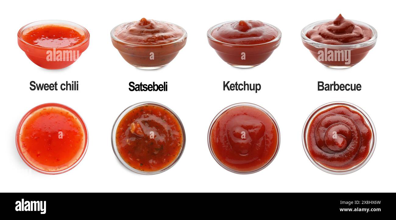Set of different sauces in bowls and names isolated on white, top and ...