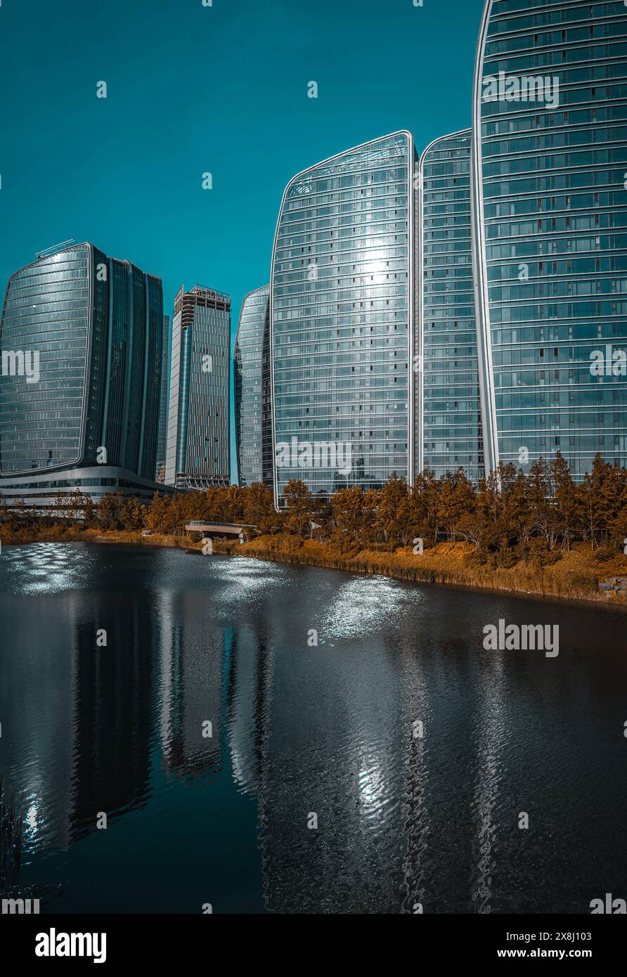 Modern financial buildings in business district; Architectural ...