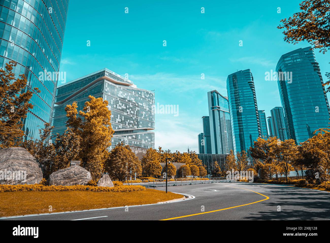 Modern financial buildings in business district; Architectural ...
