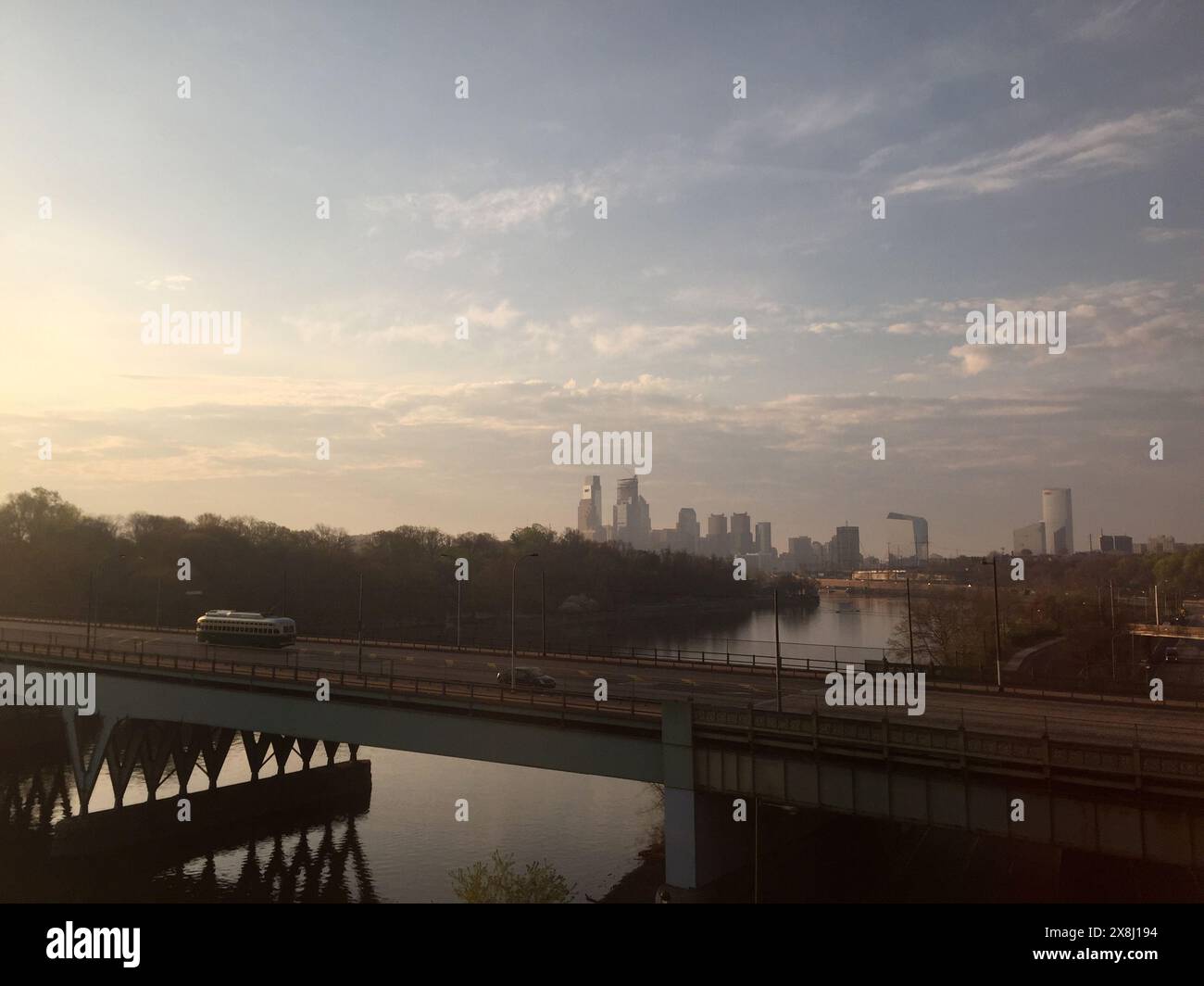 PCC trolley on the Route 15 line crosses the Girard Bridge on the ...