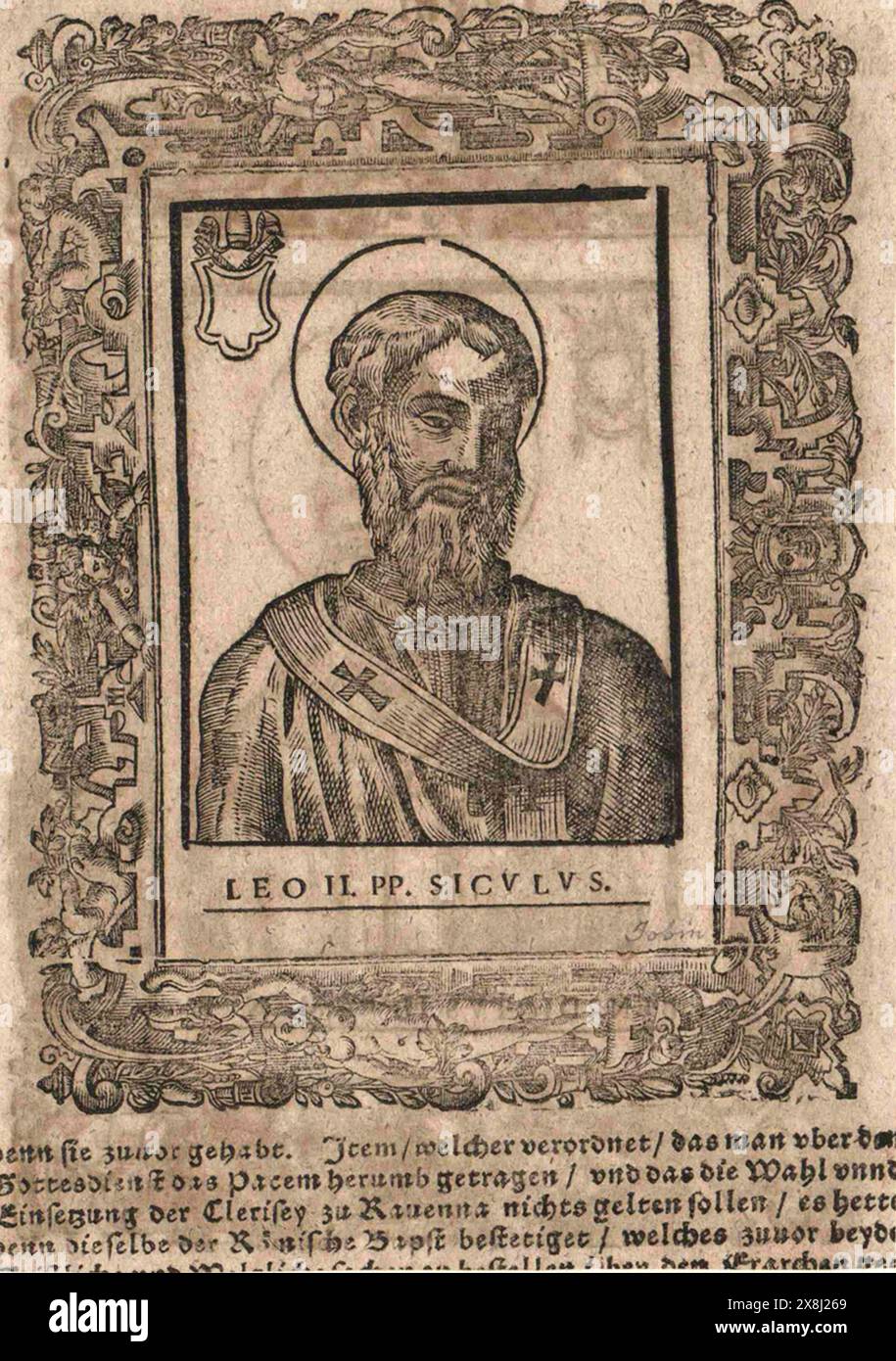 A 1580 engraving of Pope Leo II who was pontiff from AD682 to AD683. He ...