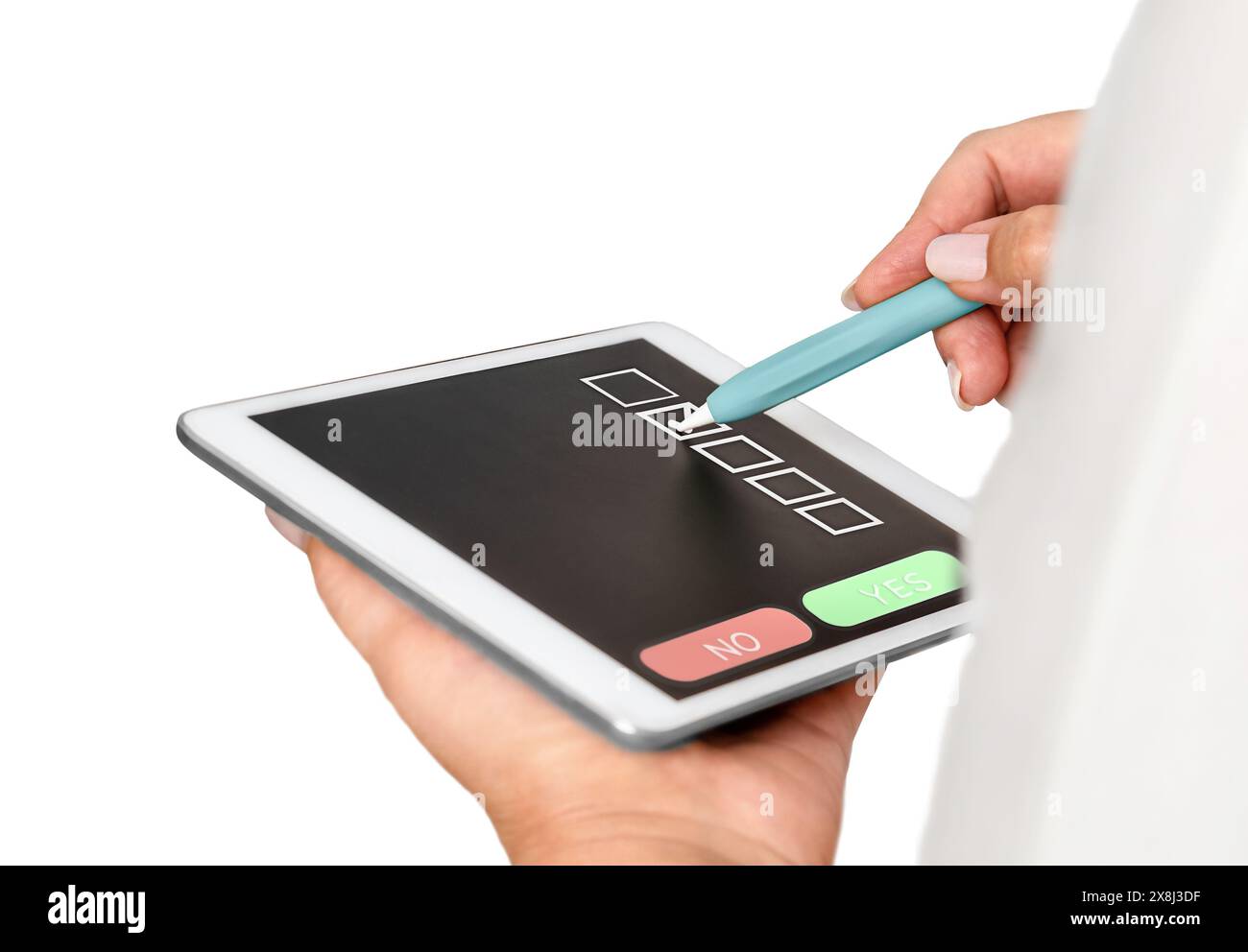 Woman makes a choice on a tablet using a digital pencil isolated on a ...