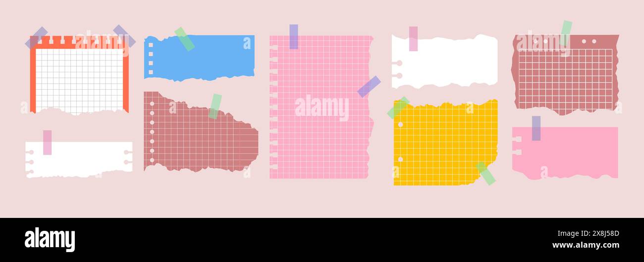 Set of various Torn Notebook Sheet. Colorful ripped paper notes ...