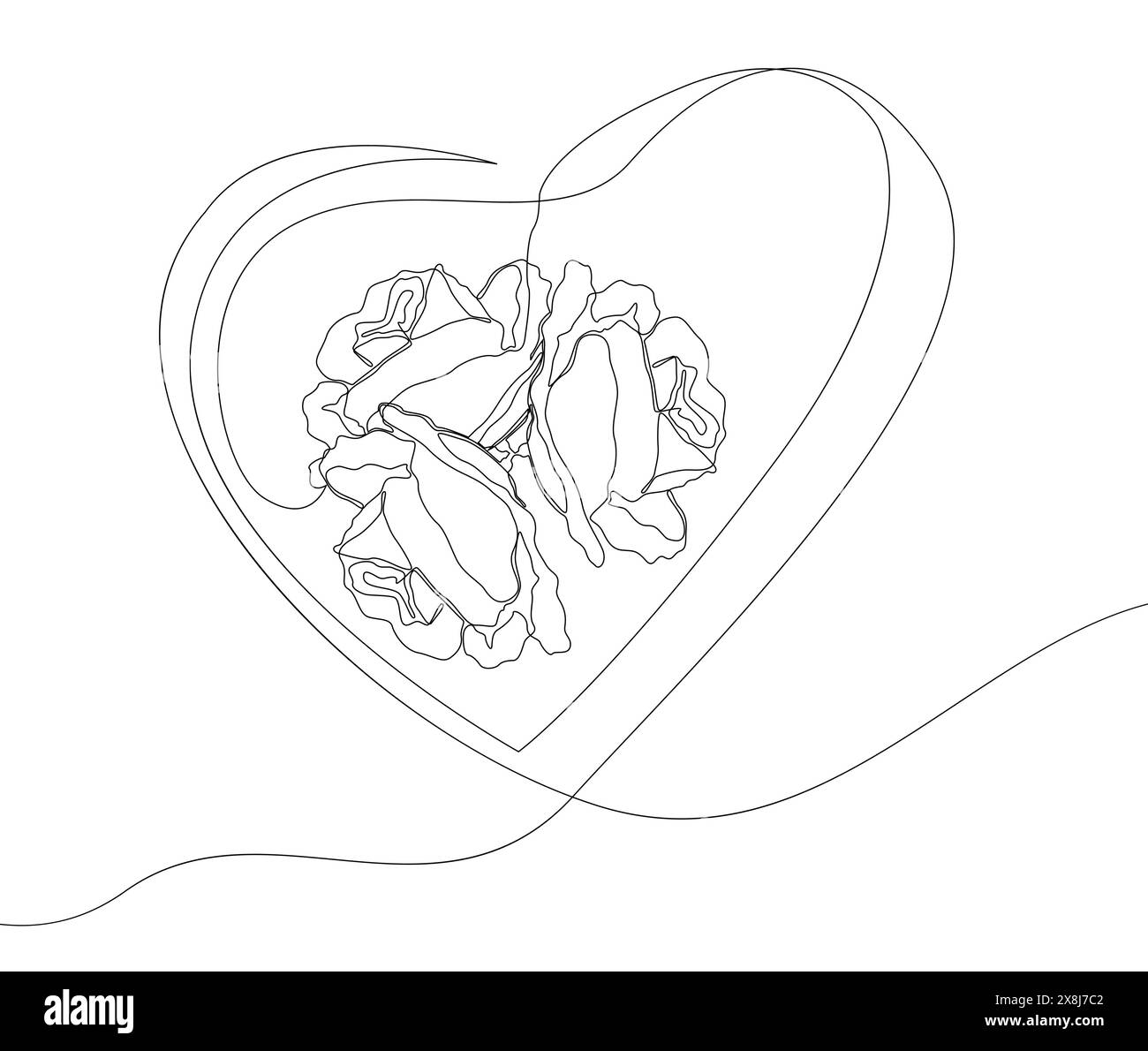 One continuous line of Heart with rose flowers. Thin Line Illustration ...