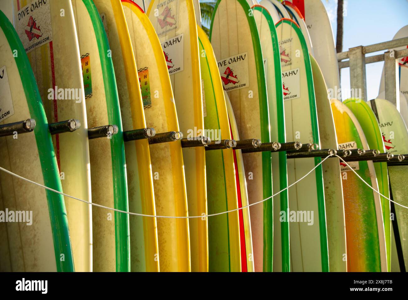 Surfboards for hire at Waikiki Beach Stock Photo - Alamy