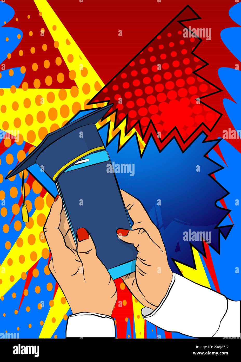 Cartoon Smartphone, comic book Telephone with Graduation Cap. Retro ...