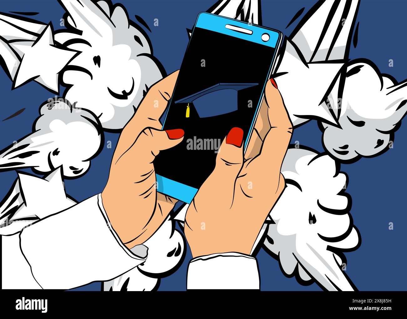 Cartoon Smartphone, comic book Telephone with Graduation Cap. Retro ...