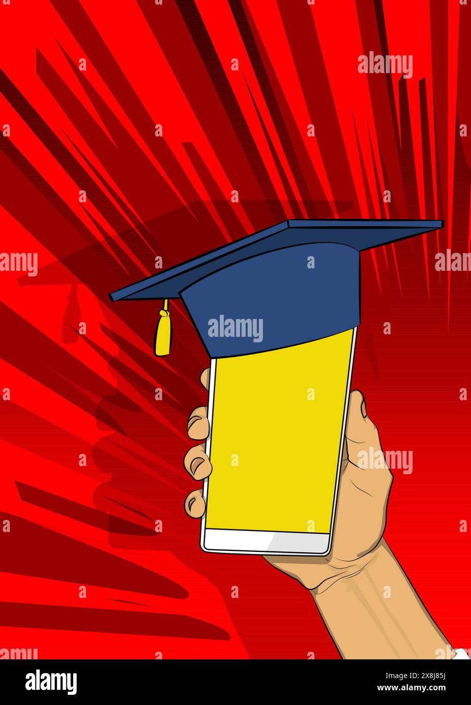 Cartoon Smartphone, comic book Telephone with Graduation Cap. Retro ...