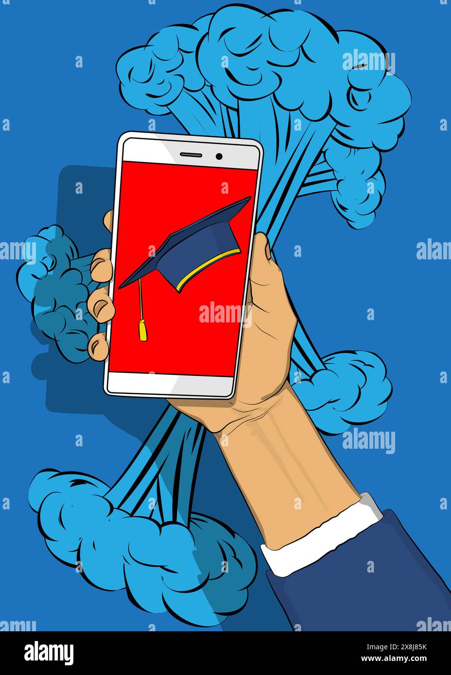 Cartoon Smartphone, comic book Telephone with Graduation Cap. Retro ...