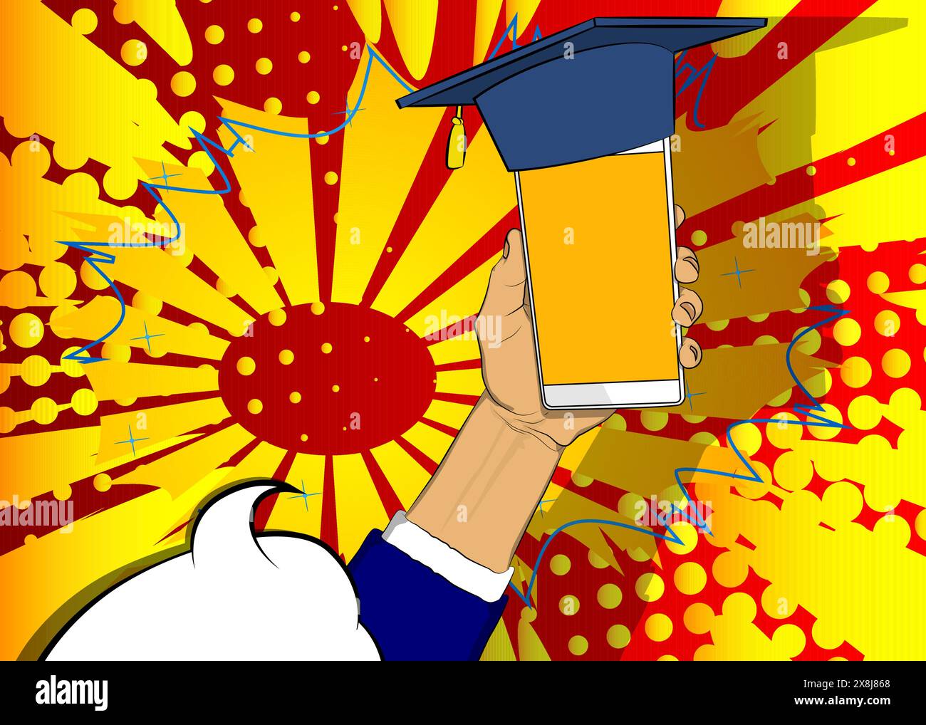 Cartoon Smartphone, comic book Telephone with Graduation Cap. Retro ...