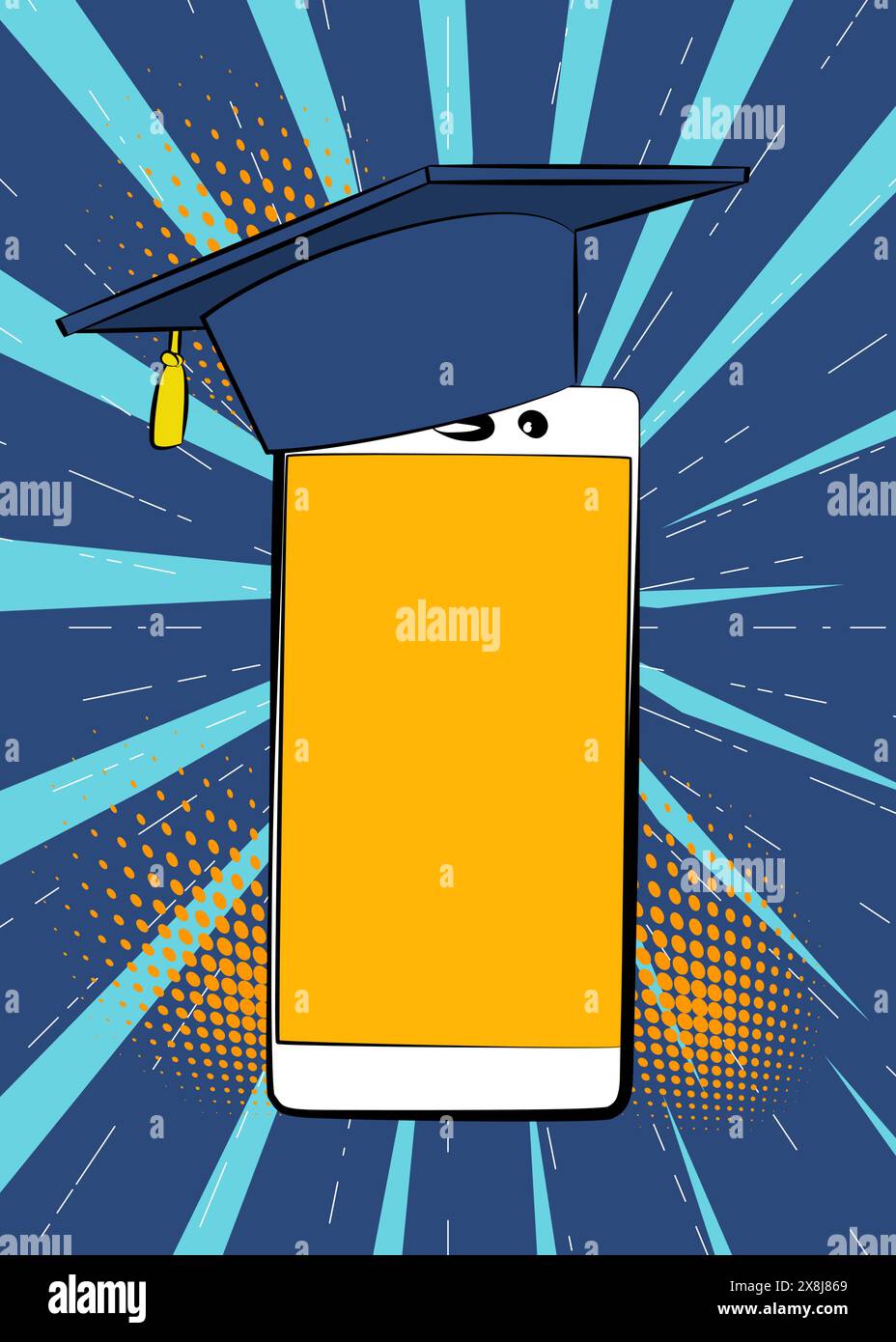 Cartoon Smartphone, comic book Telephone with Graduation Cap. Retro ...