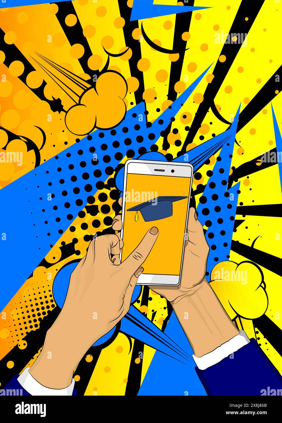 Cartoon Smartphone, comic book Telephone with Graduation Cap. Retro ...