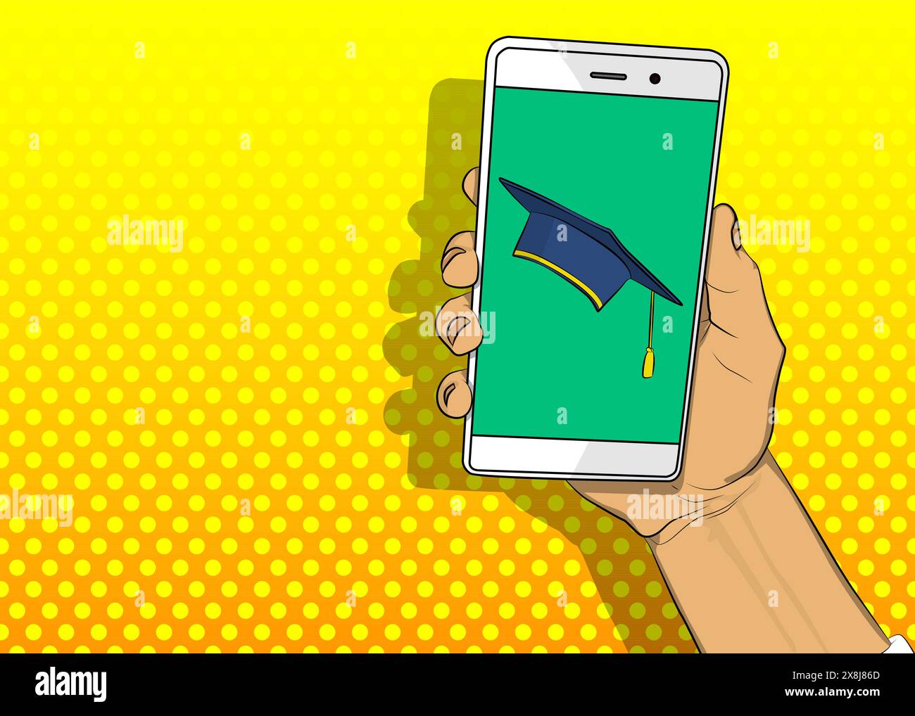 Cartoon Smartphone, comic book Telephone with Graduation Cap. Retro ...