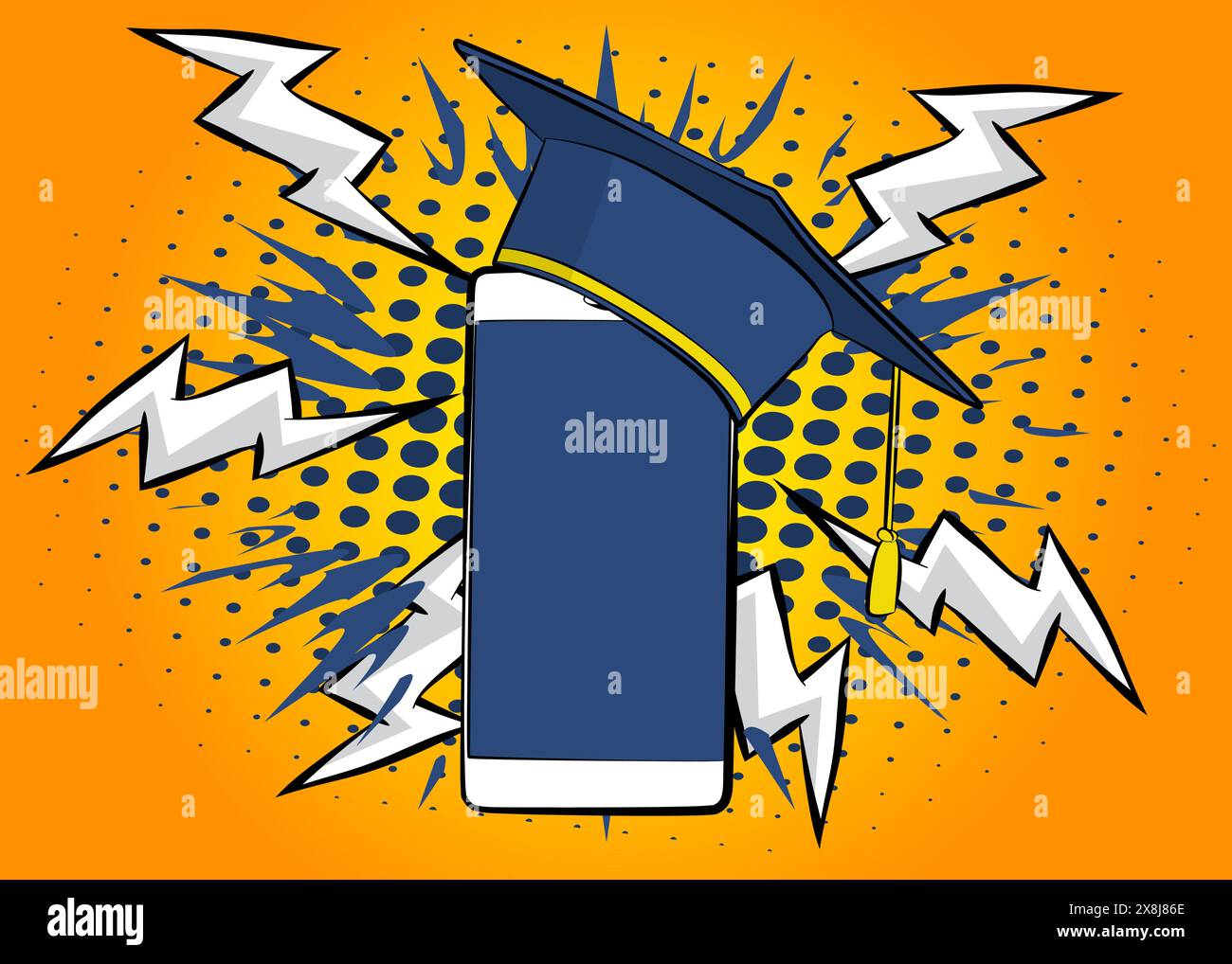Cartoon Smartphone, comic book Telephone with Graduation Cap. Retro ...