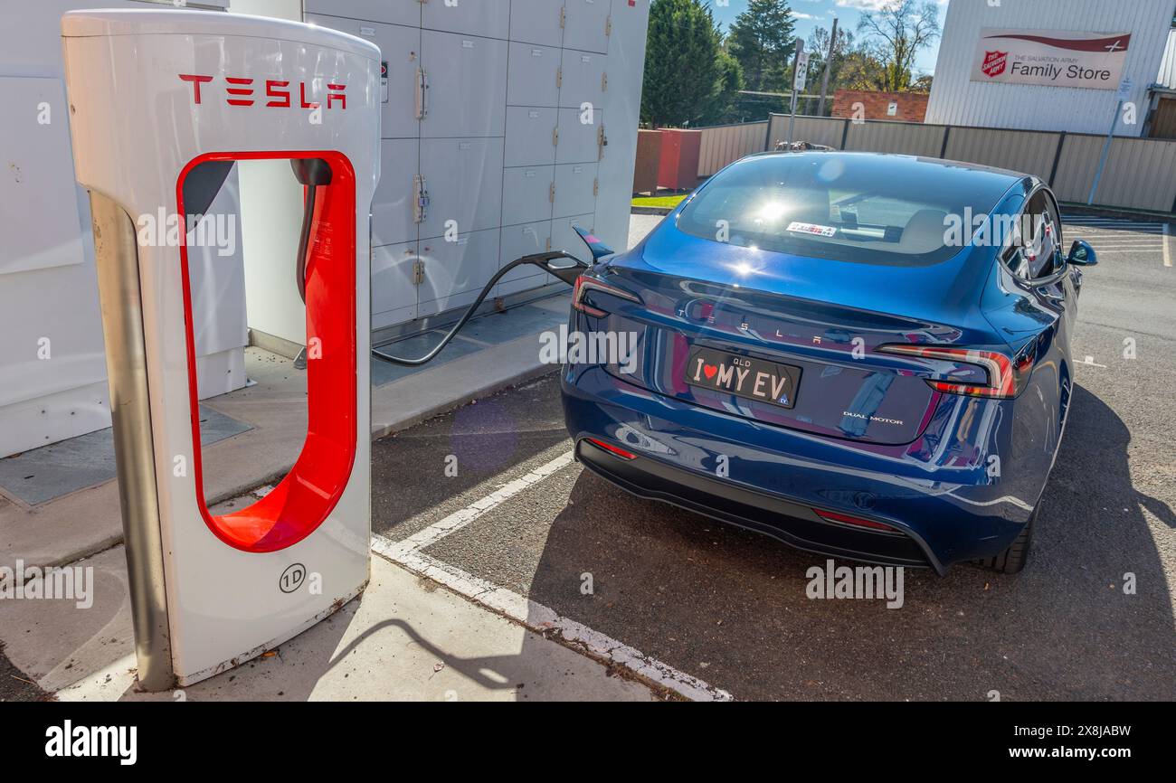 Blue Tesla charging at Tenterfield in northern NSW, number plate I ...