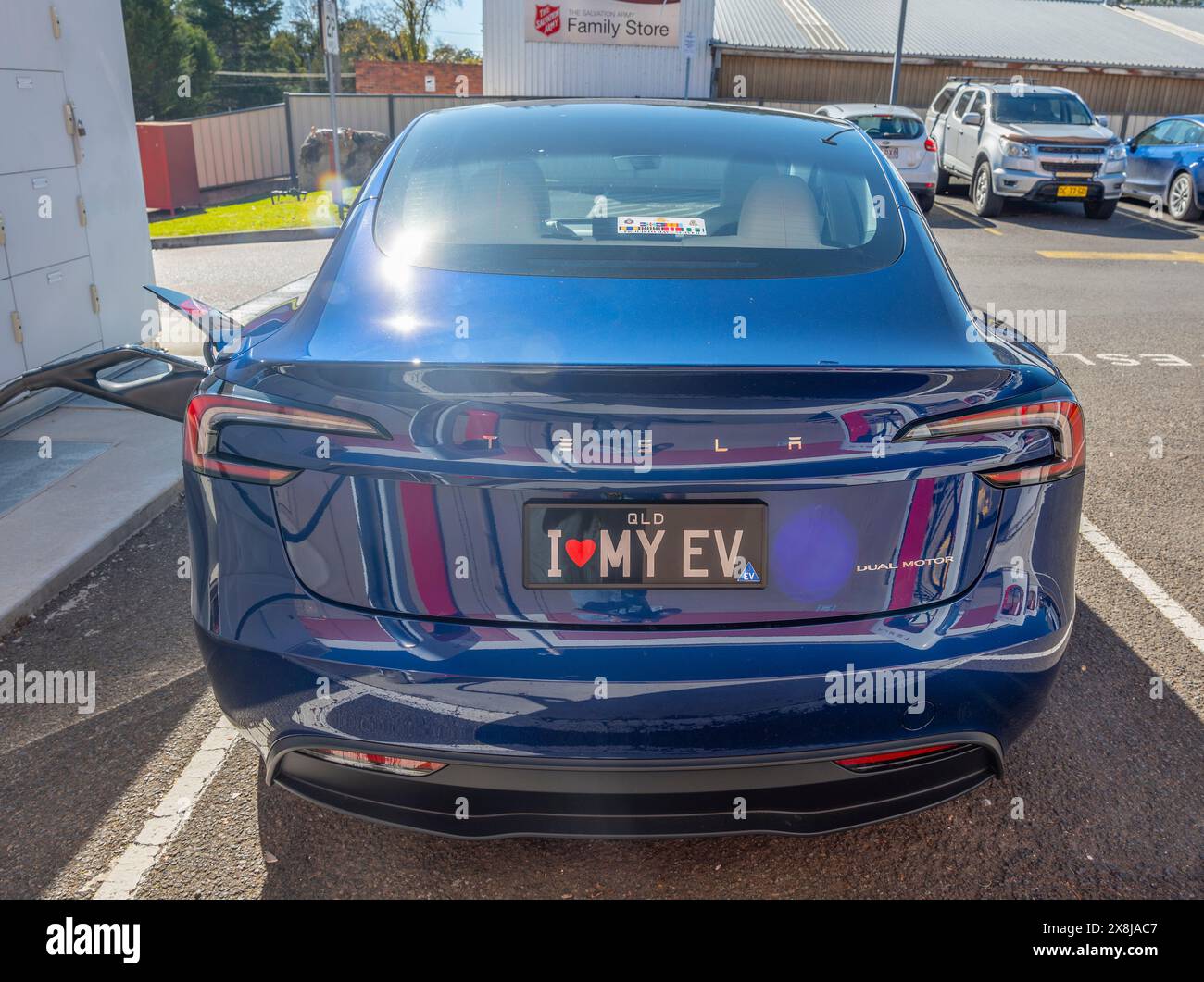 Blue Tesla charging at Tenterfield in northern NSW, number plate I ...