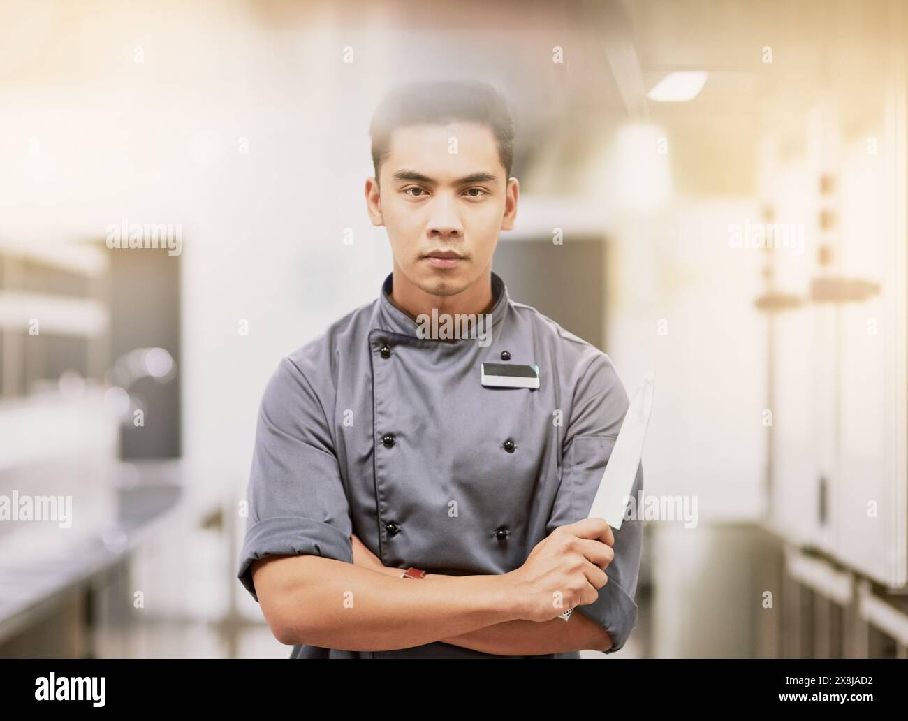 Man, chef and hospitality with knife in portrait for confidence, pride ...
