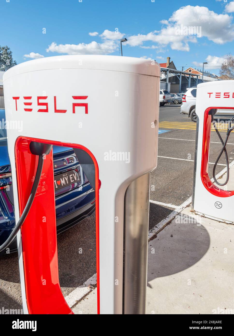 Blue Tesla charging at Tenterfield in northern NSW, number plate I ...