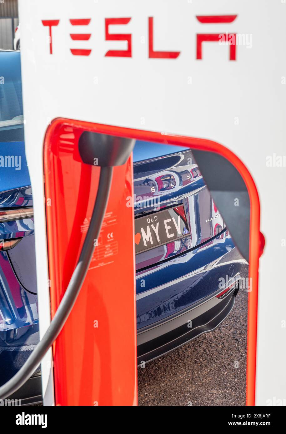 Blue Tesla charging at Tenterfield in northern NSW, number plate I ...