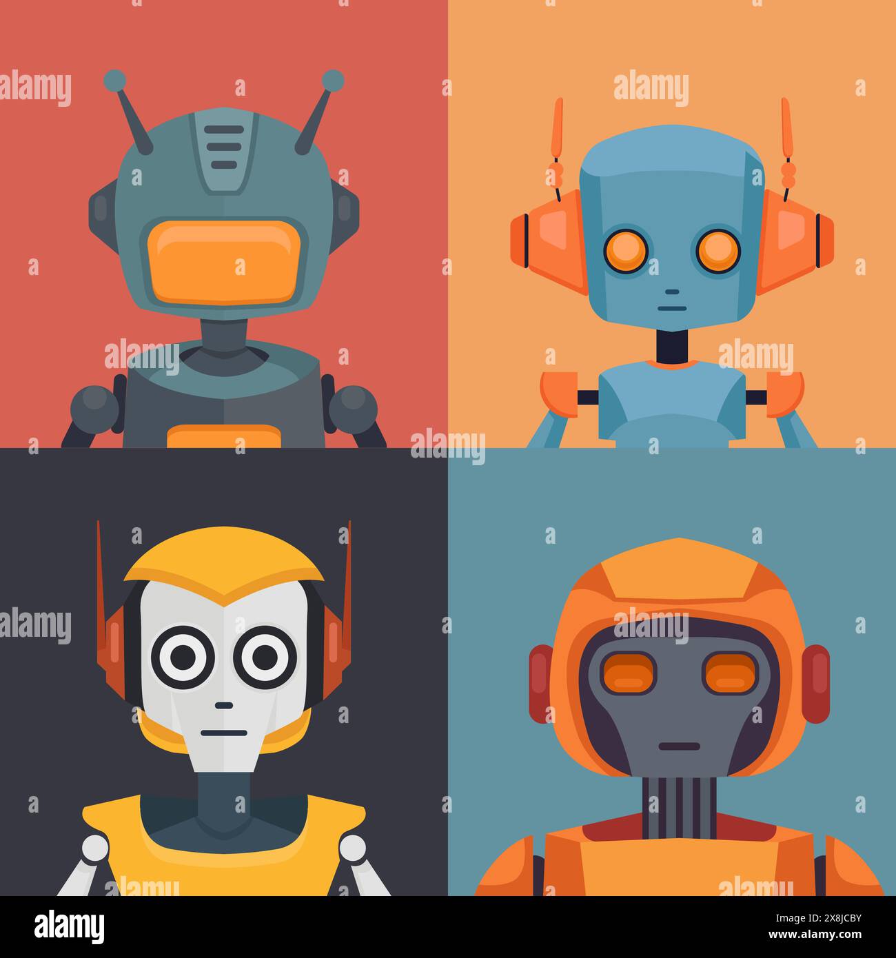 Vector set of portraits of various robots. Collection of android mascot ...
