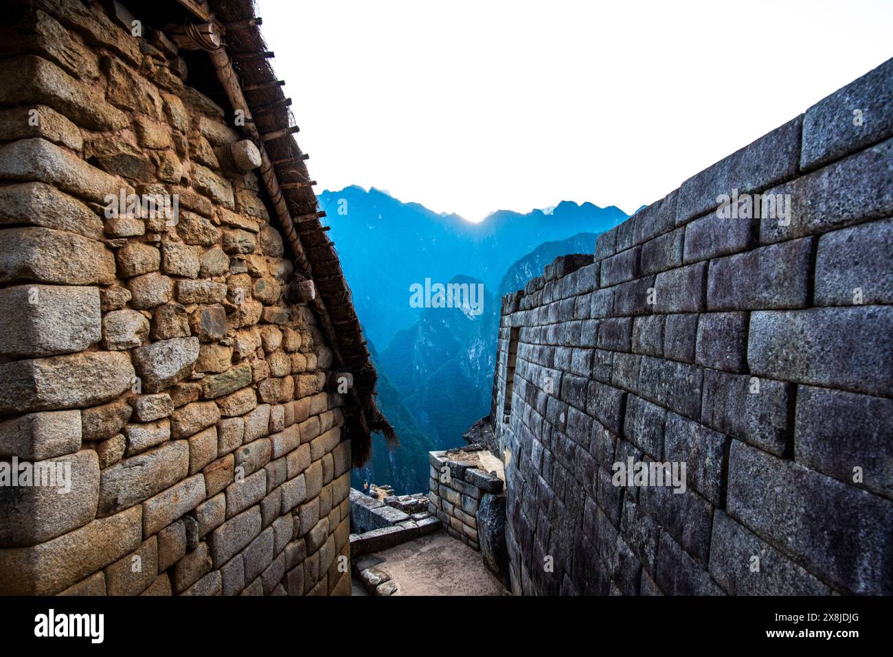 sunrise among the trees and Inca ruins with the mountain peaks of the ...