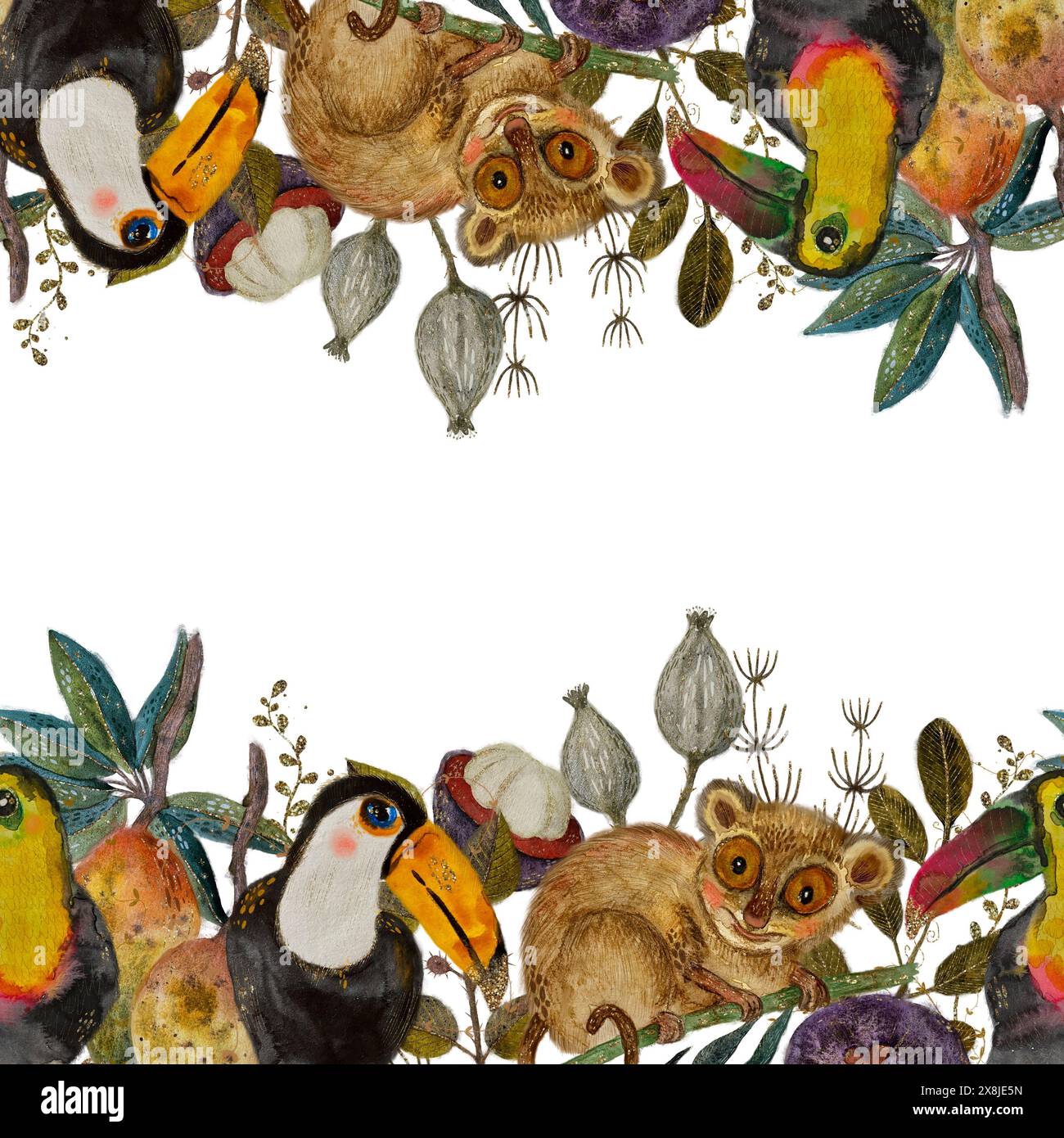 Tropical watercolor wildlife frame with colorful birds, animals, plants ...