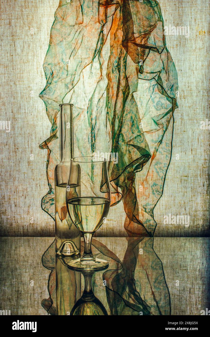 Still life with glassware and transparent cloth Stock Photo - Alamy
