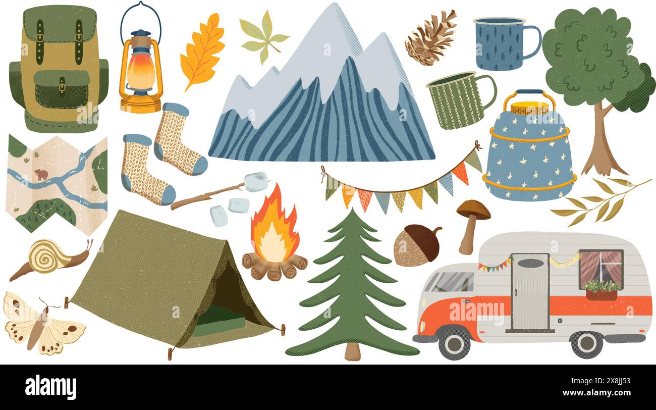 Camping and hiking items set. Adventure nature clipart. Isolated ...