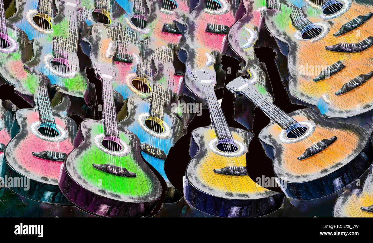 a large group of colorful acoustic guitars Stock Photo - Alamy