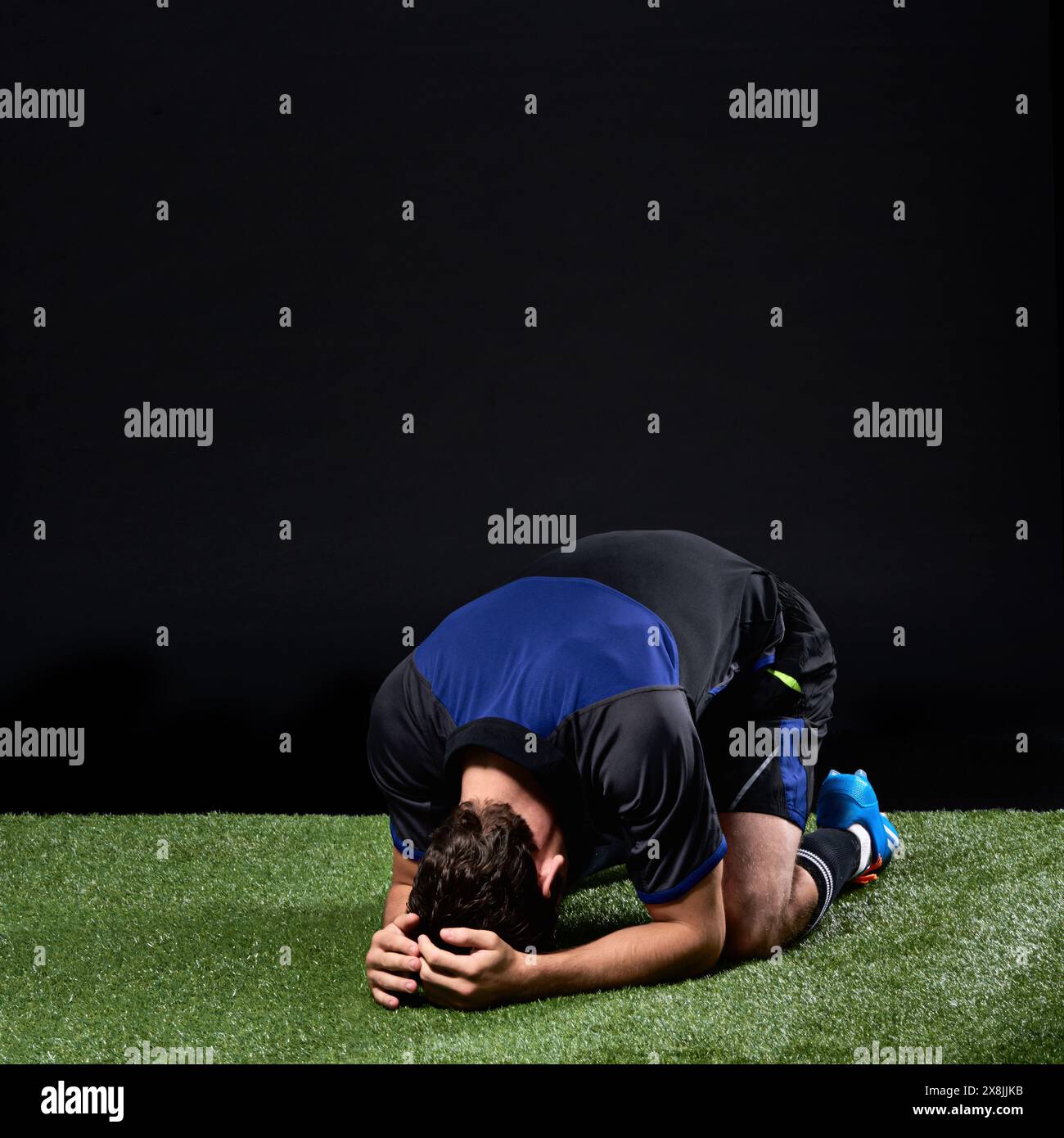 Field, soccer player and man in grass, fail and frustrated in game ...