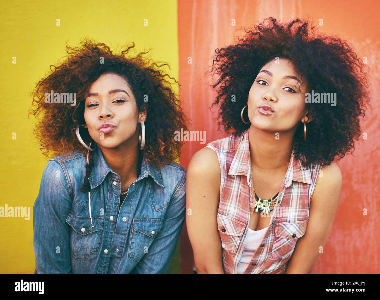 Studio background, portrait and friends with kiss, fashion and pout ...