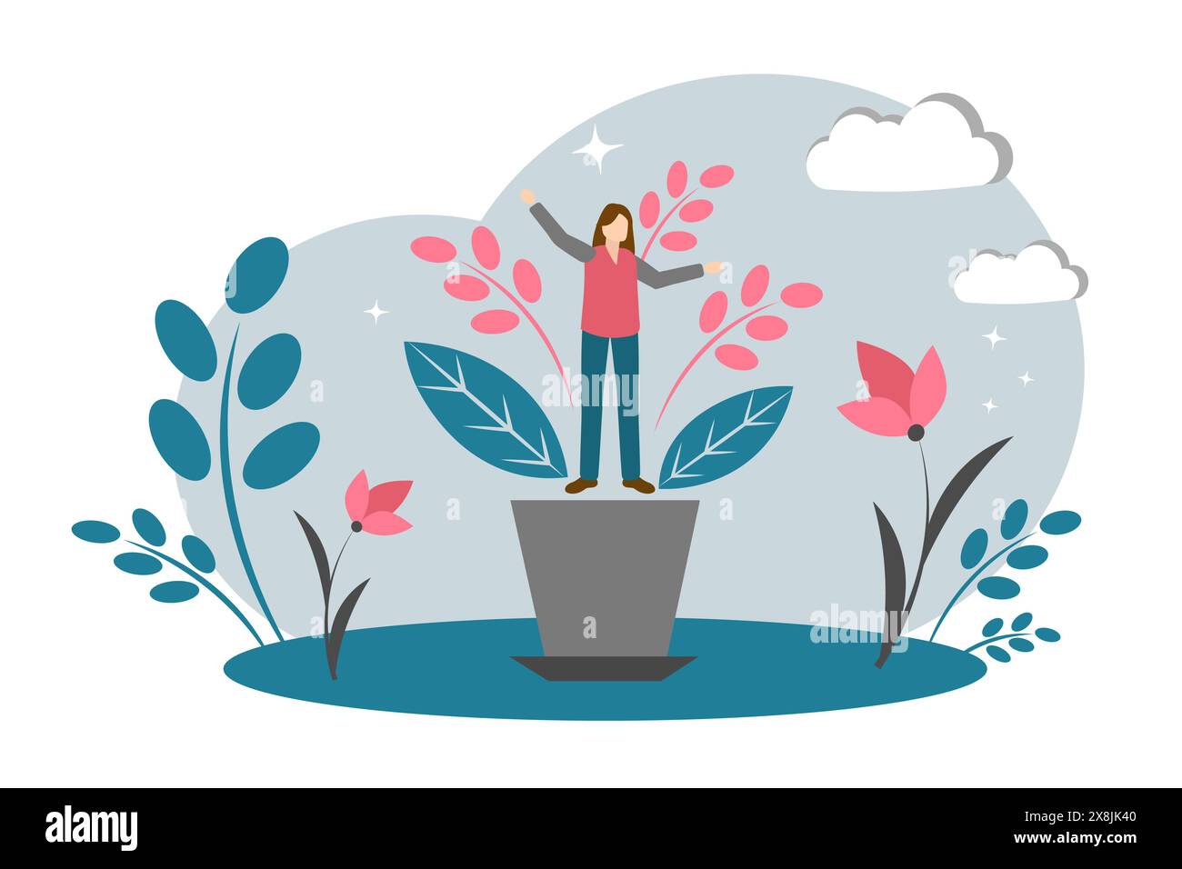 The concept of personal growth. Woman in a flower pot. Personality ...
