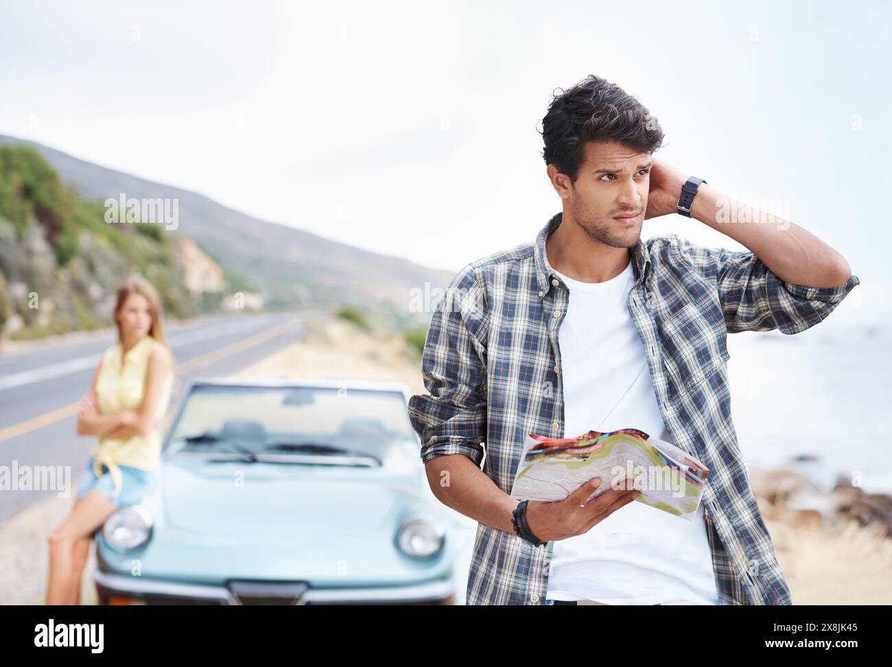 Car, confused and lost man with map for direction, holiday journey and ...