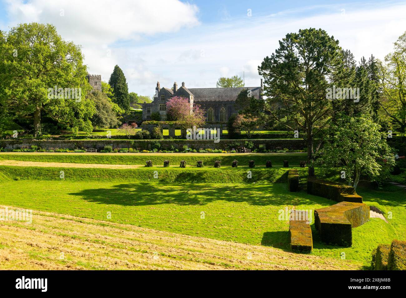 The Great Hall from the gardens at Dartington estate, Darlington, south ...