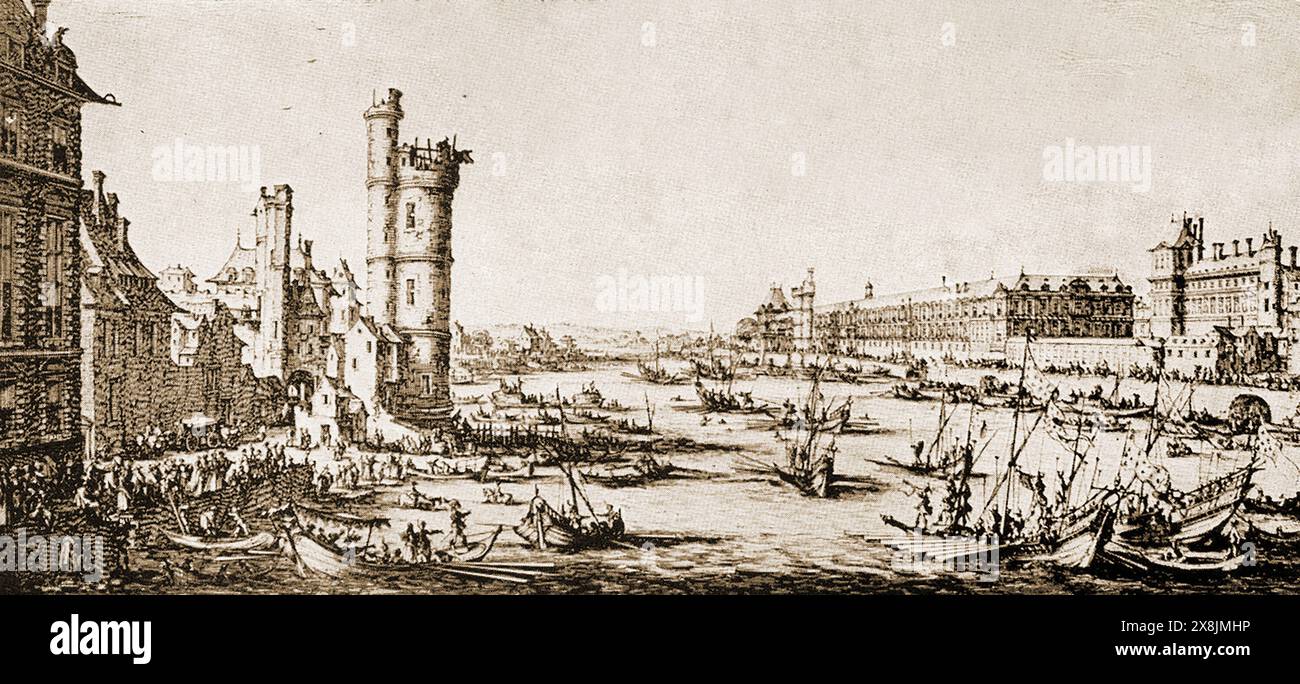 An old image of the Tour de Nesle, Paris, France, one of the four large guard towers on the old ...