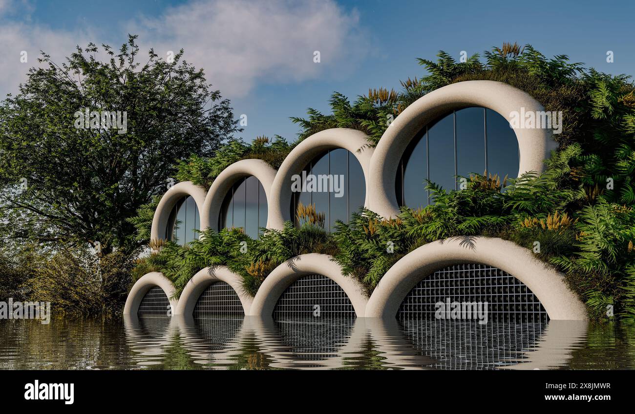 Futuristic green-roofed architecture on waterfront or Lake. Eco ...