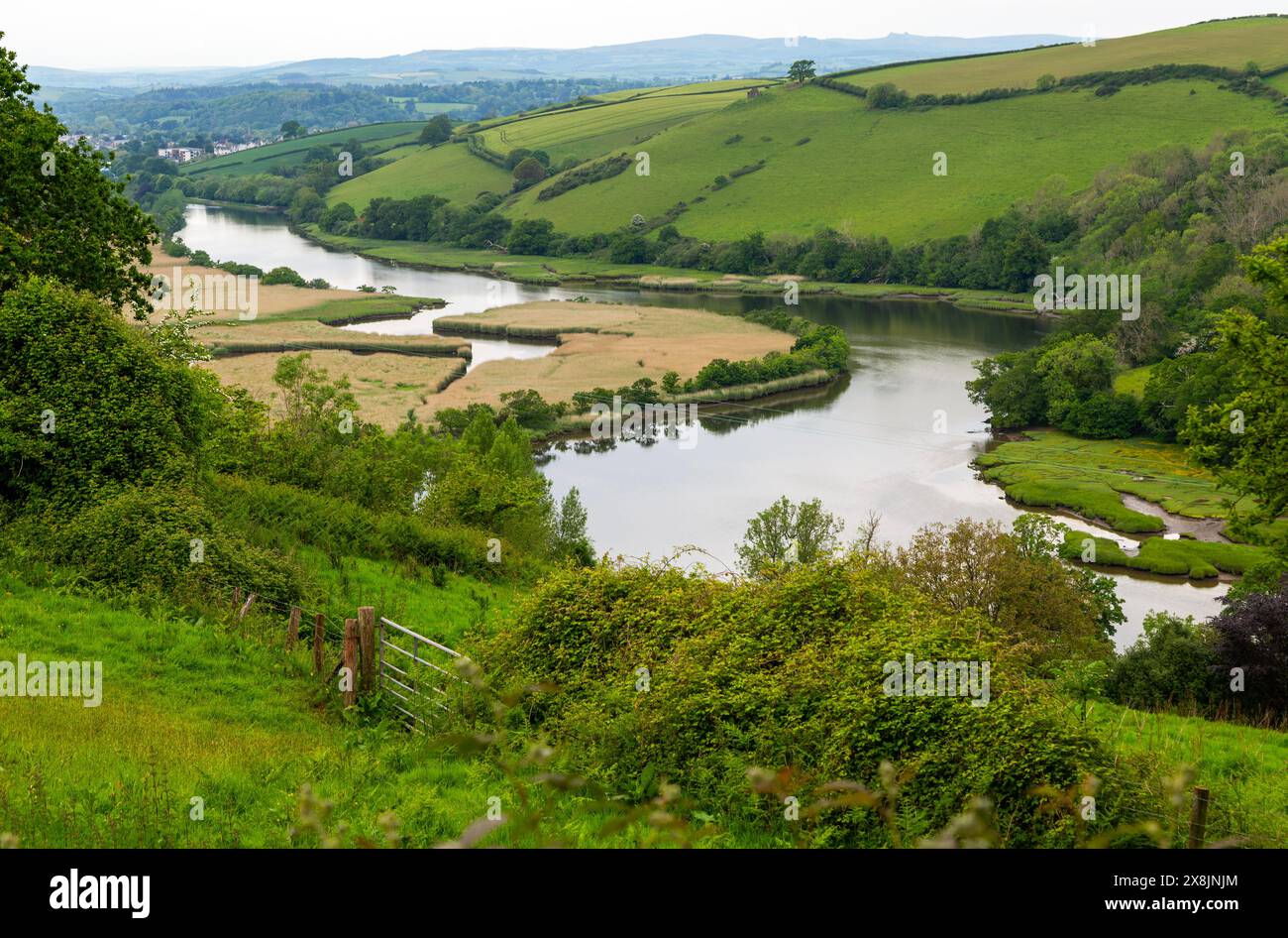 Landscape view of River Dart estuary and valley near Totnes, south ...