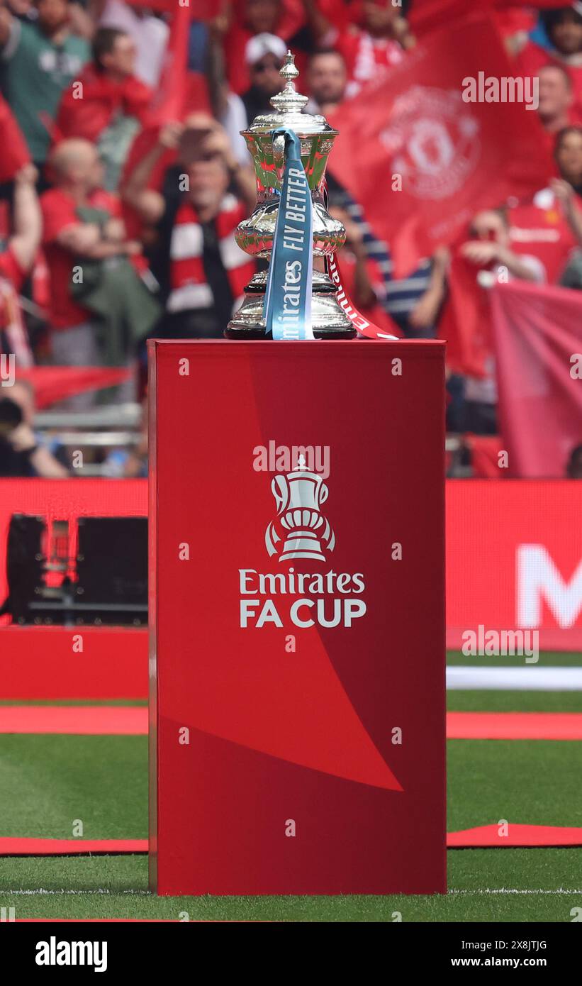 London, UK. 25th May, 2024. LONDON, ENGLAND - The FA Cup Trophy during ...