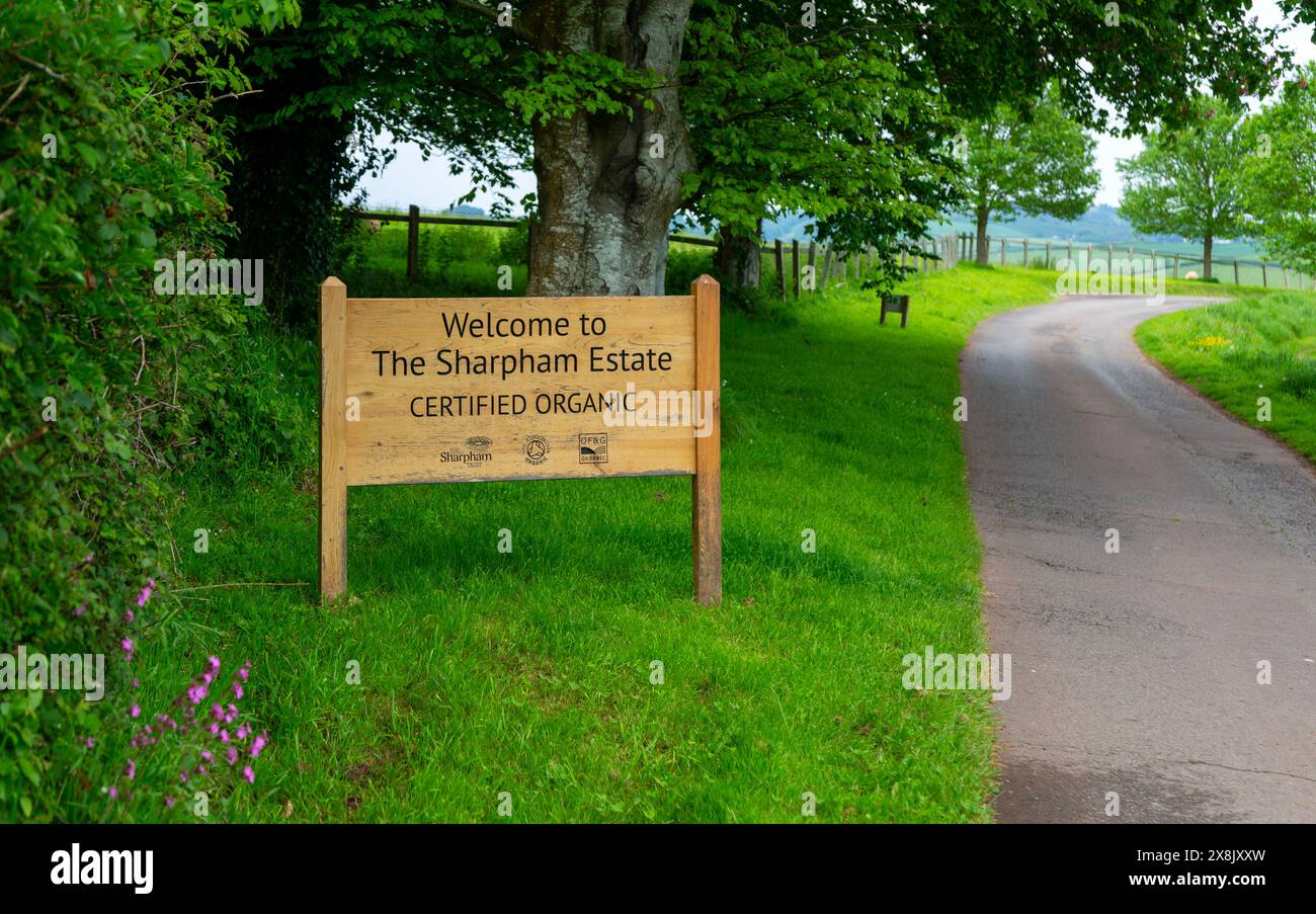 Welcome sign for Sharpham Estate, near Totnes, south Devon, England, UK ...