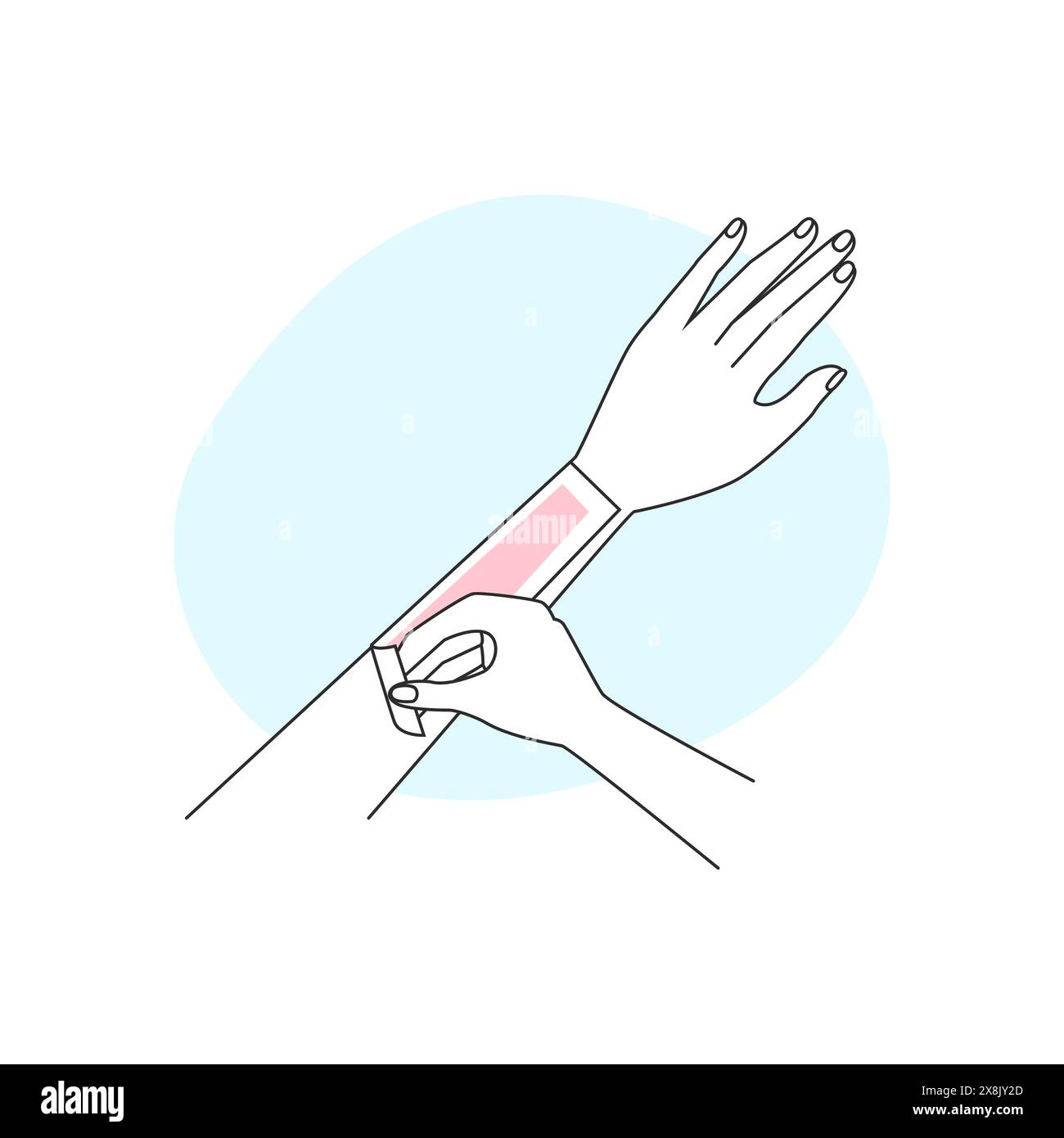 Hair removing from skin of hand with wax strip in bathroom, line icon ...