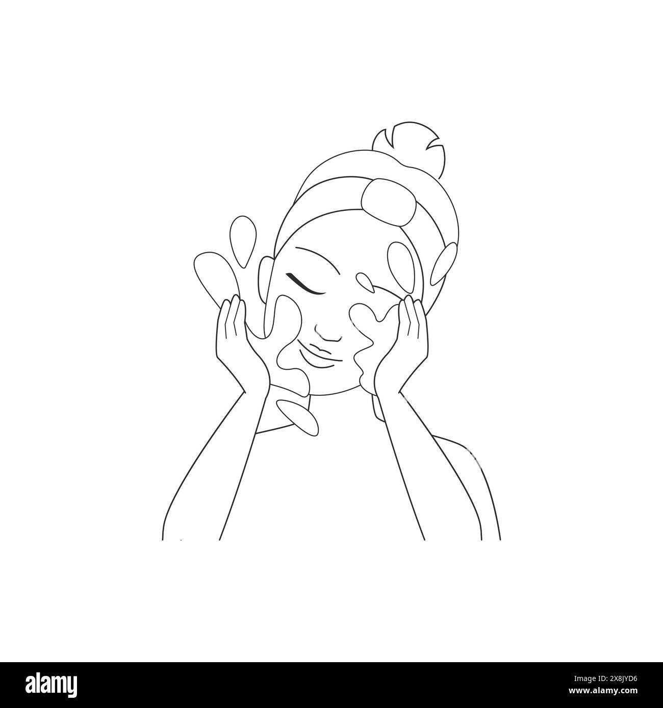 Girl washing face with water in bathroom, cleansing facial skin line ...