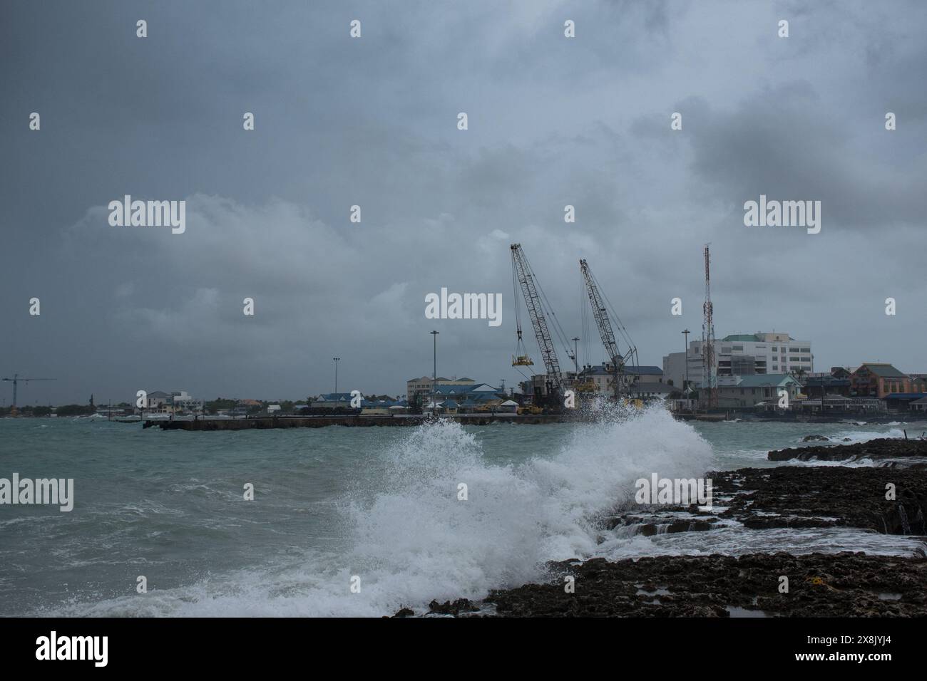The shore line of Grand Cayman island in Caribbean being hit by high ...