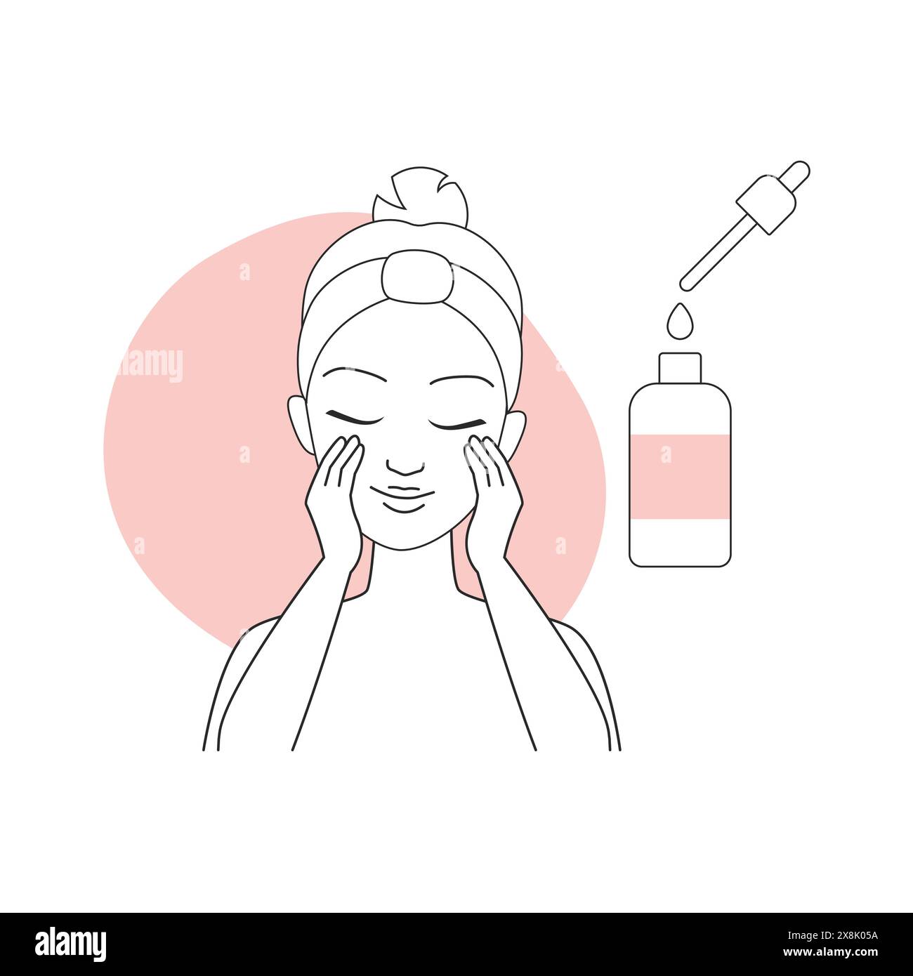 Girl applying serum from bottle with pink label and dropper for skin ...