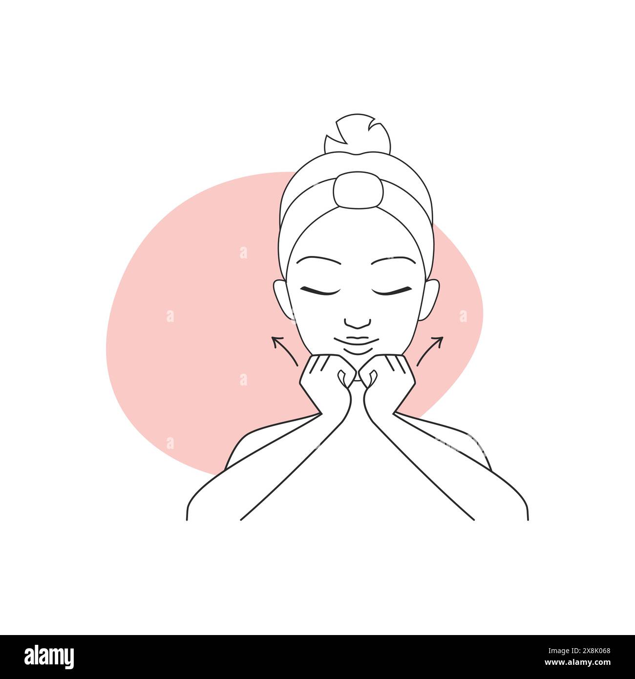 Model girl massaging chin skin with fingers along massage arrows line ...