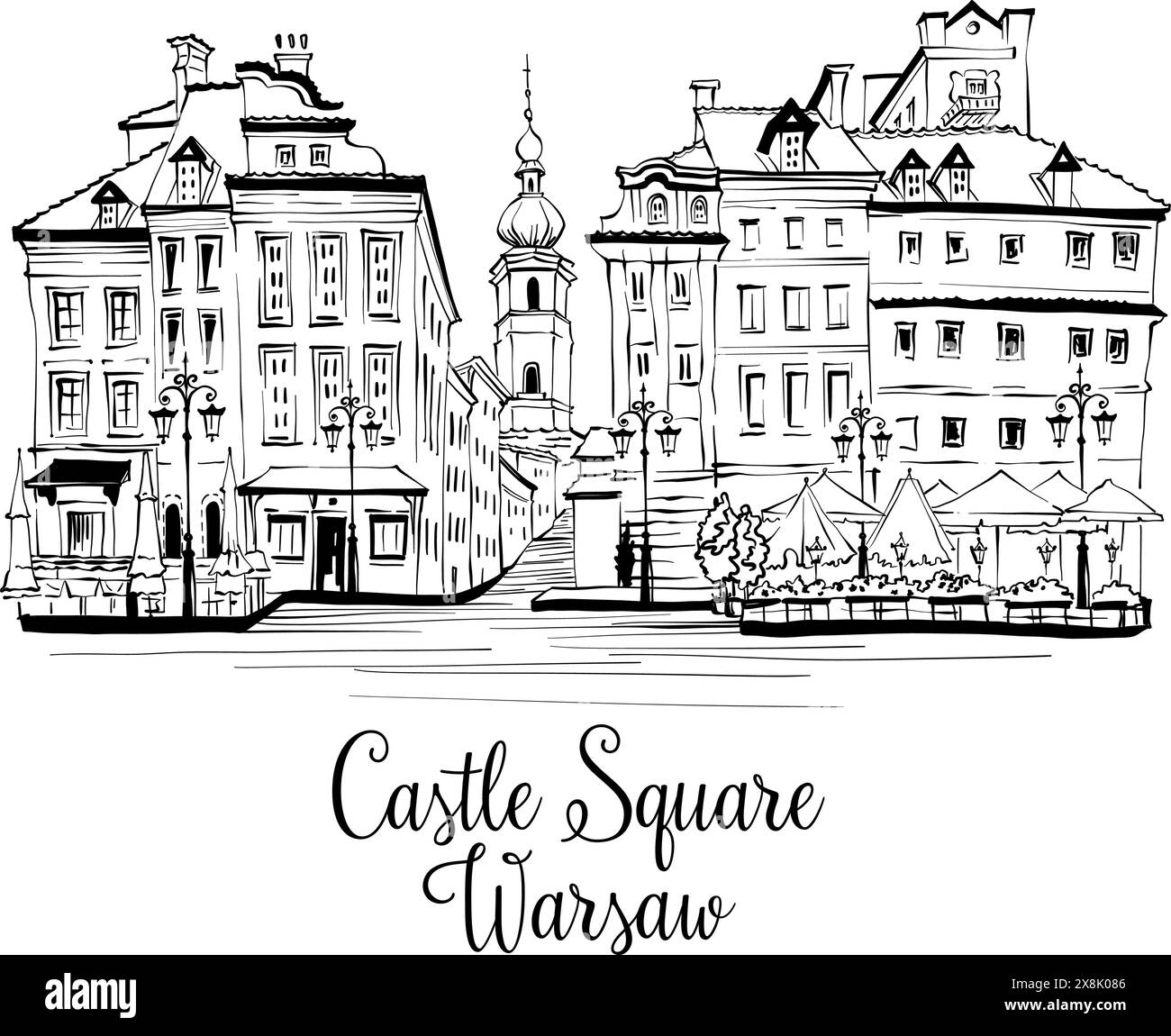 Vector black and white sketch of Castle Square in Warsaw Old town ...
