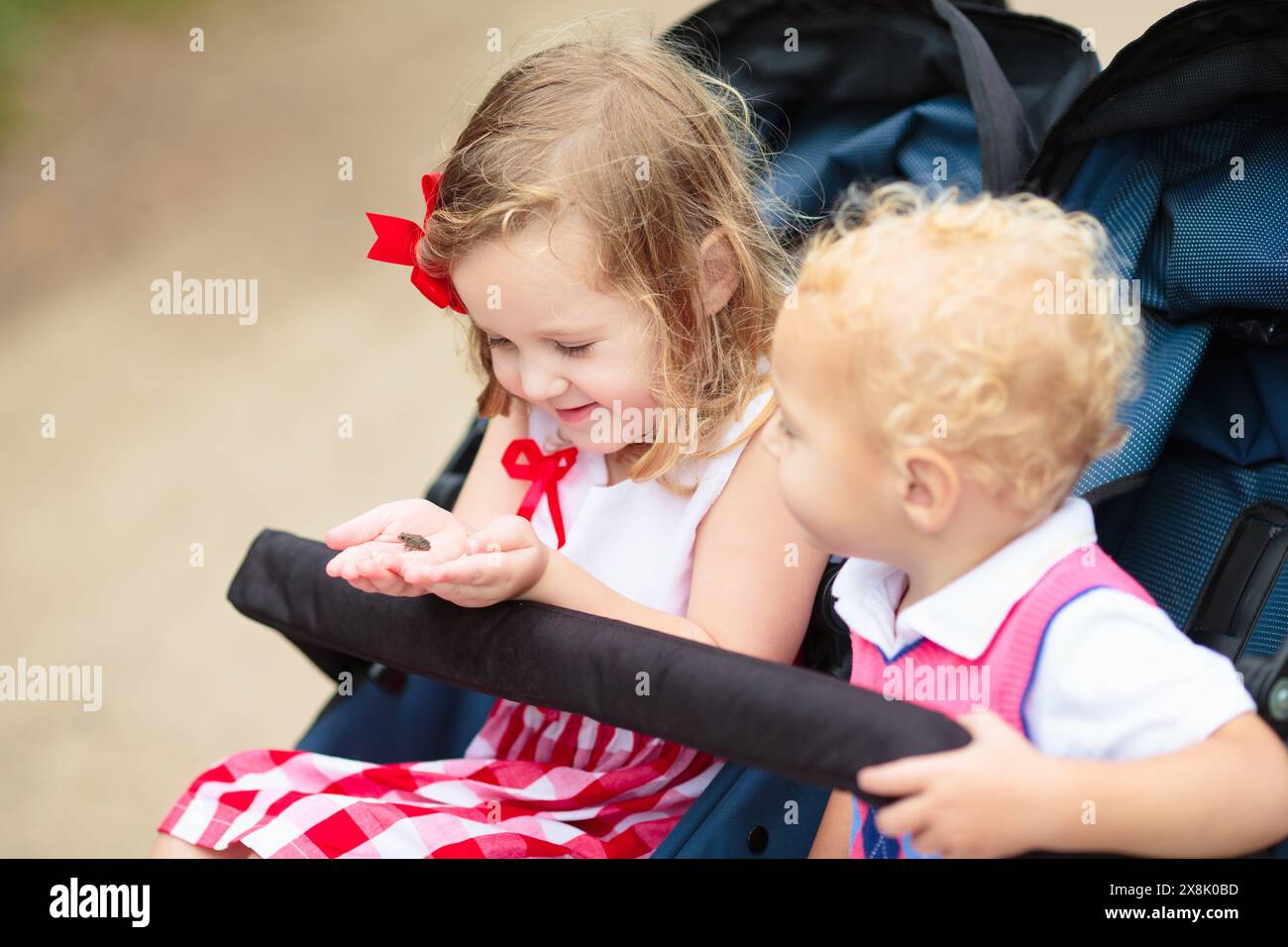 Kids catch a frog. Boy and girl looking at toad. Children and wild ...