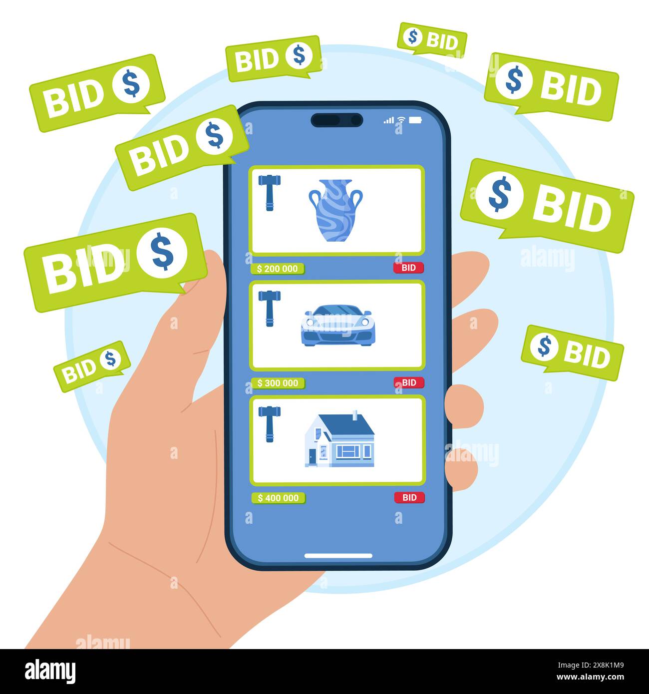 Online auction in mobile app. Hand of bidder holding smartphone with ...