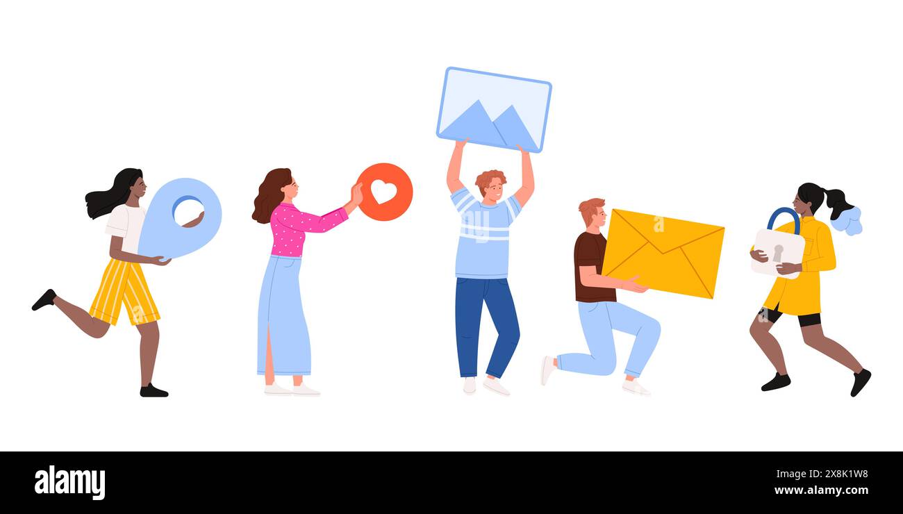 People hold different objects of online services set. Female and male ...