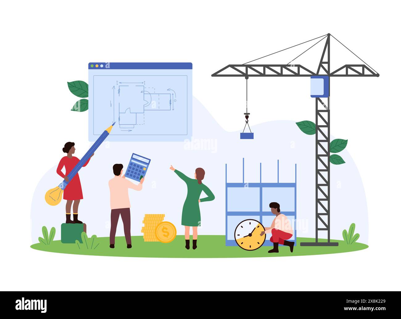 Work of architects in design and remodeling of buildings. Tiny people ...