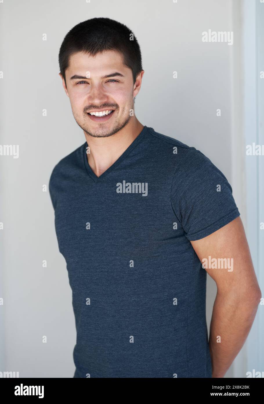 Happy, portrait and man smile with student clothes, style and modern ...